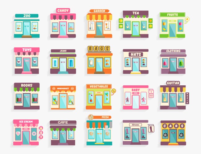 Shops and stores front icons set flat style Vector Image