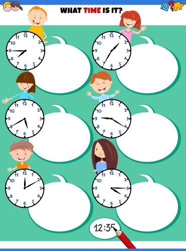 Clock face cartoon educational worksheet for kids Vector Image