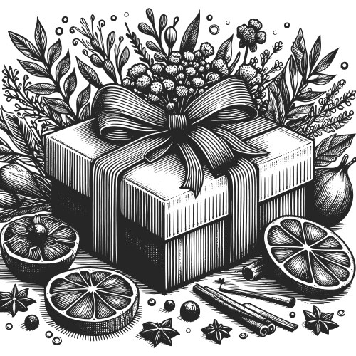 Christmas gift box with botanical engraving Vector Image