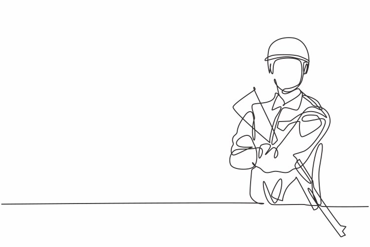 Single continuous line drawing of young soldier Vector Image