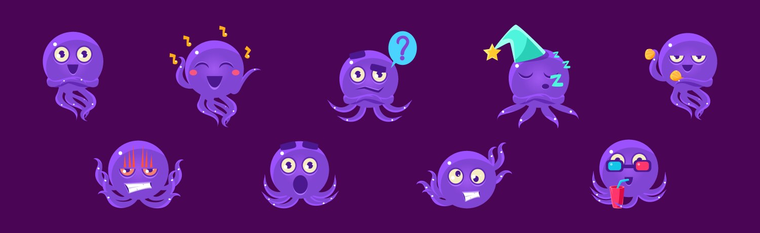 Cute purple octopus character showing various Vector Image