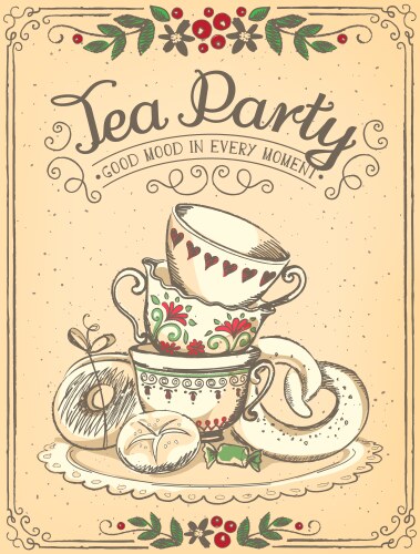 Tea time with cute cups freehand drawing sketch Vector Image