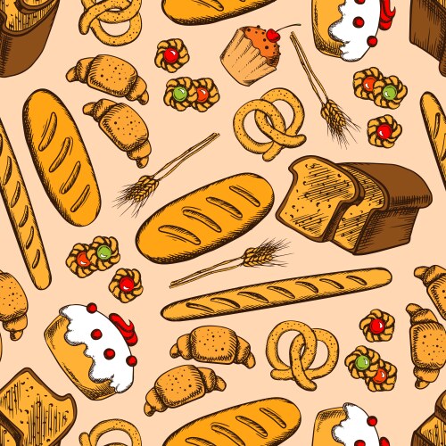 Bread and pastry food seamless pattern background Vector Image