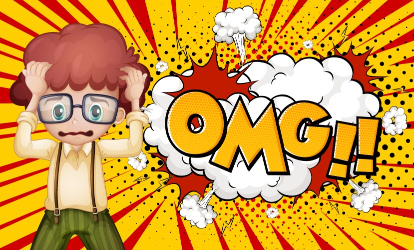 Omg word on explosion background with boy cartoon Vector Image