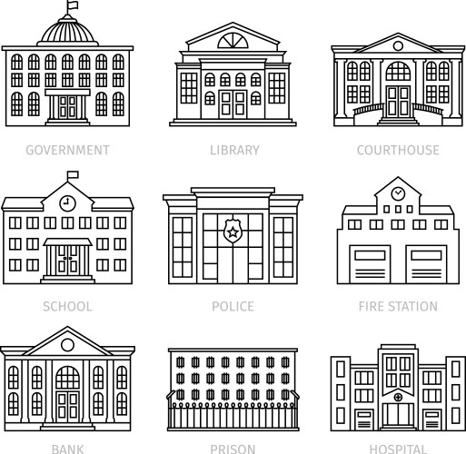 Government buildings thin line icons set Vector Image