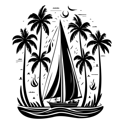Sail and palm tree sketch Royalty Free Vector Image