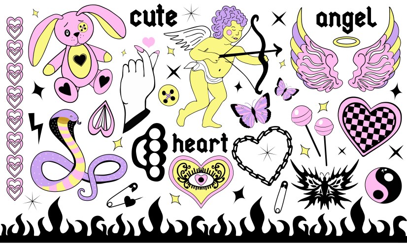 Y2k 2000s cute emo goth aesthetic stickers tattoo Vector Image