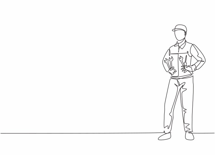 Continuous one line drawing mechanic stands up Vector Image