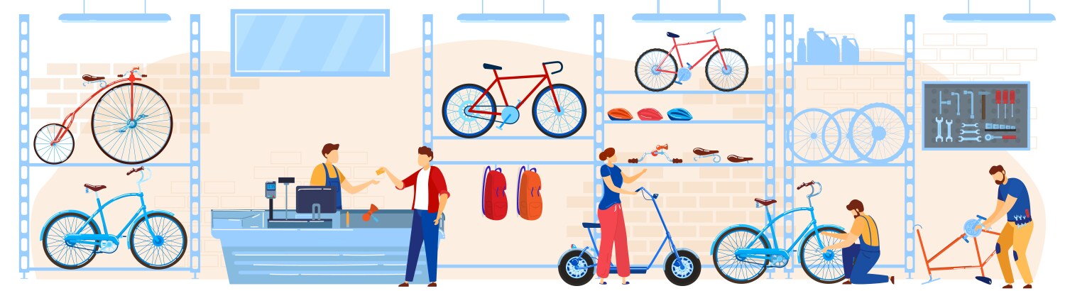 Cartoon color bicycle bike store interior inside Vector Image