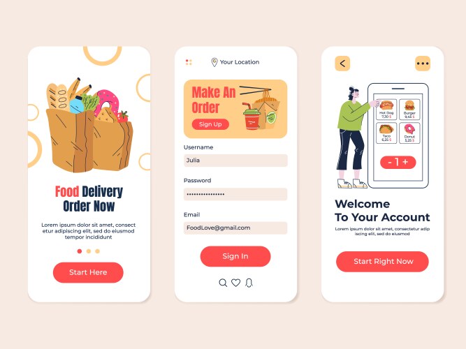 Online food delivery mobile app template Vector Image Online food delivery mobile app template Vector Image