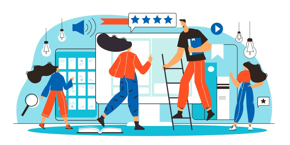 Tiny reader characters utilize online library Vector Image