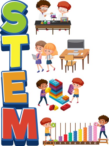 Stem logo with kids cartoon character Royalty Free Vector