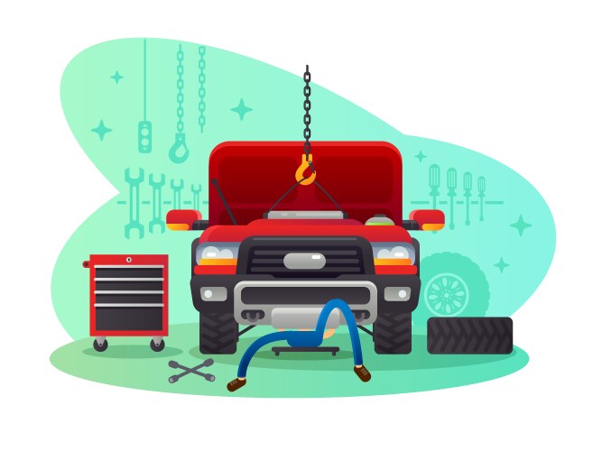 Mechanic repairs car in the garage Royalty Free Vector Image