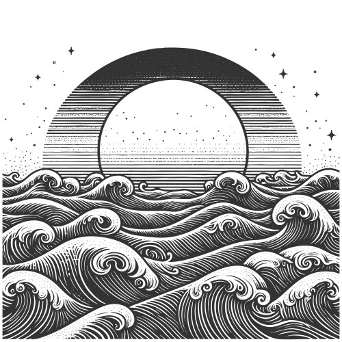 Ocean waves and sunset engraving sketch Royalty Free Vector