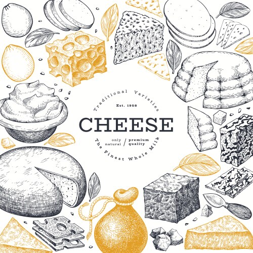 Pile of hand drawn cheese with glass wine Vector Image