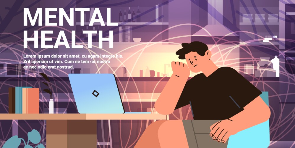 Depressed student sitting at workplace sad guy Vector Image