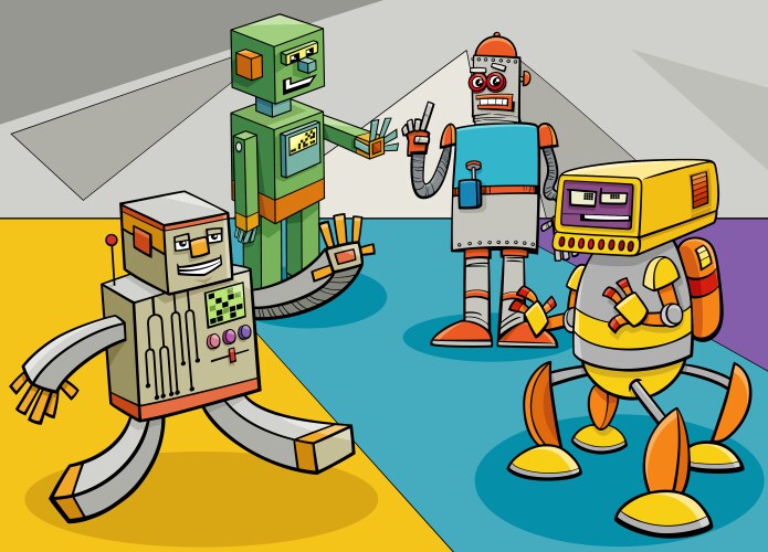 Happy robot characters group cartoon Royalty Free Vector