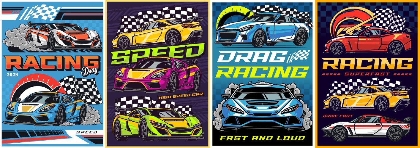 Drag racing set posters colorful Royalty Free Vector Image