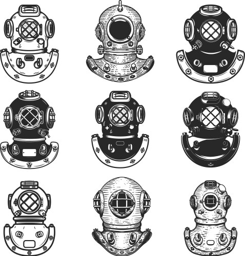Set of vintage dive helmets diver emblems Vector Image
