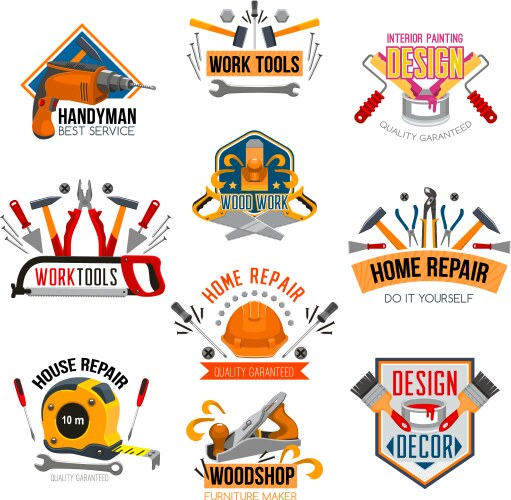 Vintage repair workshop color logo set Royalty Free Vector