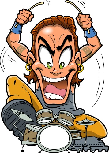 Wild drummer playing drum set cartoon Royalty Free Vector