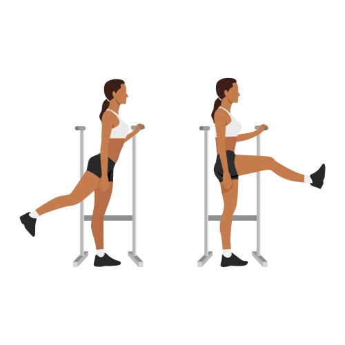Woman doing forward leg swings holding on the wall