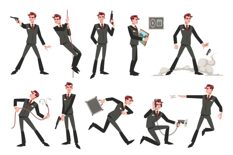Secret agent spy characters in action poses Vector Image