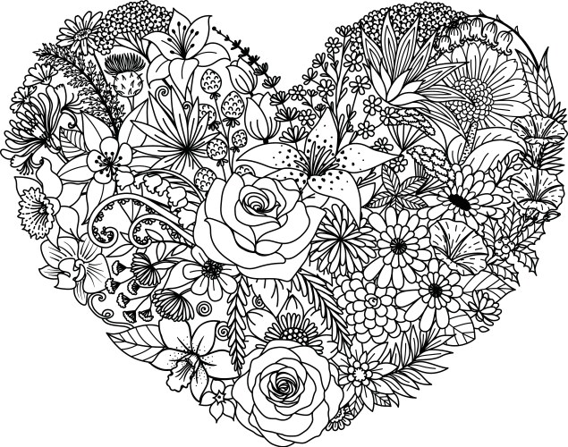 Floral heart coloring page Royalty Free Vector Image