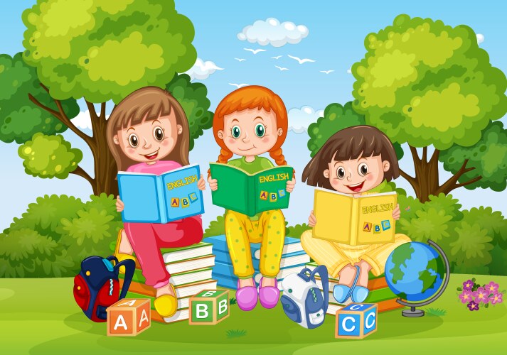 Cartoon boy and girl reading books in park Vector Image
