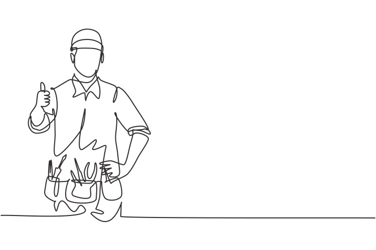 Single continuous line drawing man worker holding Vector Image