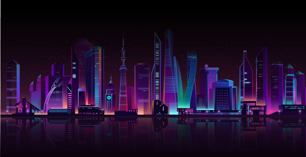 Night city skyline skyscraper with neon lights Vector Image