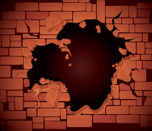Exploding out hole in red brick wall Royalty Free Vector