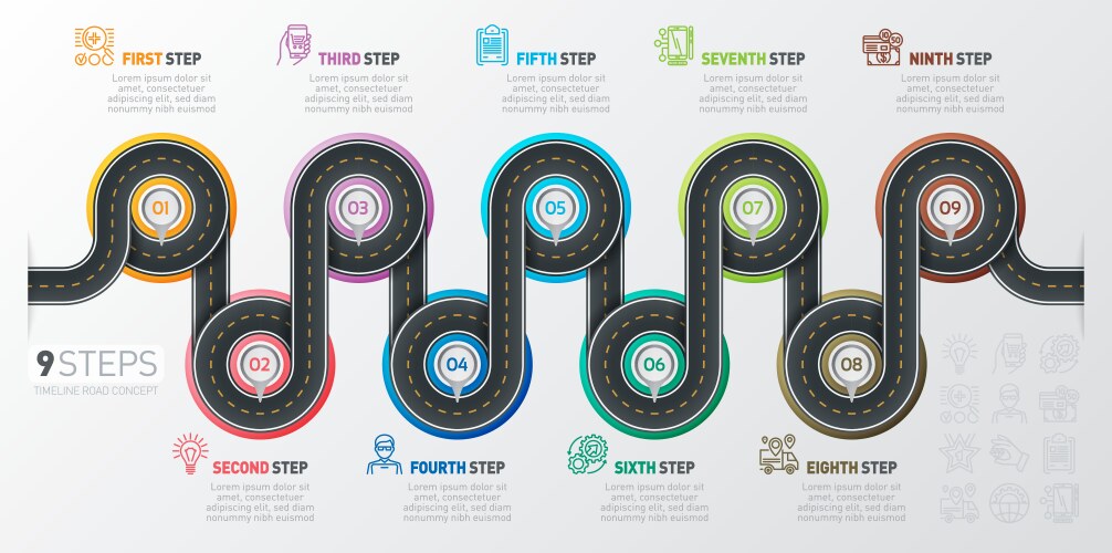 Navigation map infographic 9 steps timeline Vector Image