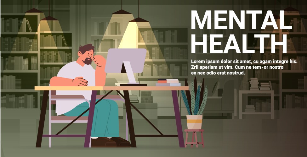 Depressed student sitting at workplace sad guy Vector Image