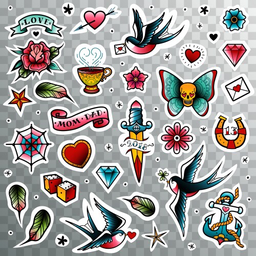 52 hand drawn old school tattoo set Royalty Free Vector