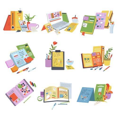 Cartoon paper notebooks schedules and planners Vector Image