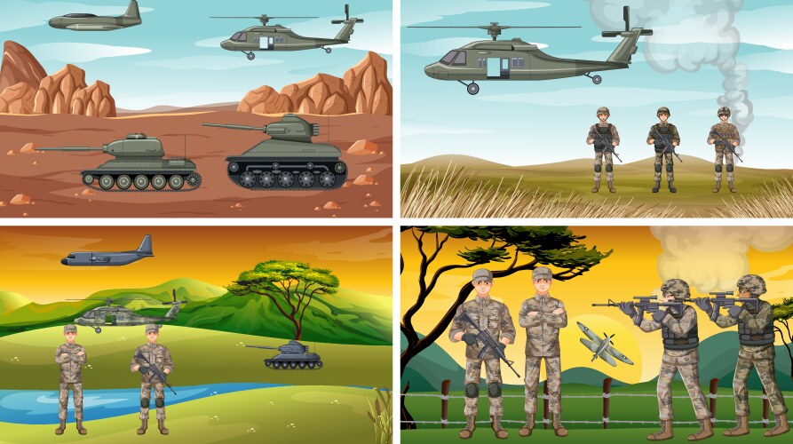 Set of different army war scenes Royalty Free Vector Image