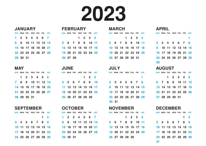2023 calendar with weeks start on sunday Vector Image