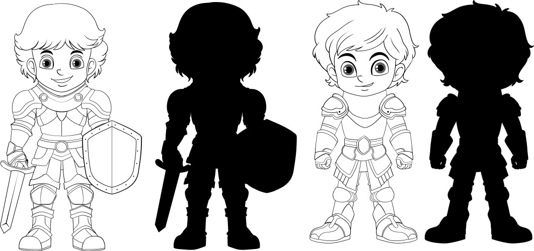 Knight in color outline and silhouette Royalty Free Vector