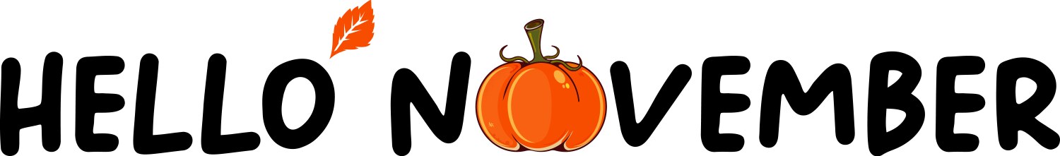 Hello november black text with pumpkin isolated on