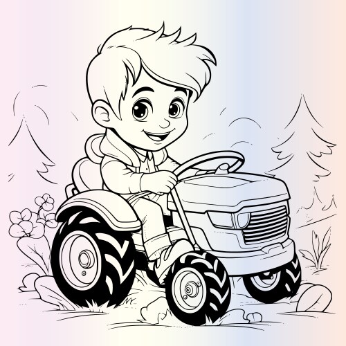 Farmer boy driving a tractor coloring page Vector Image