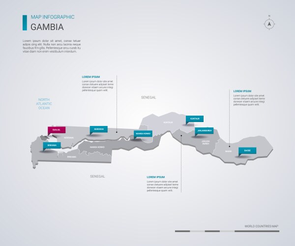 Gambia map with location pointer marks Royalty Free Vector