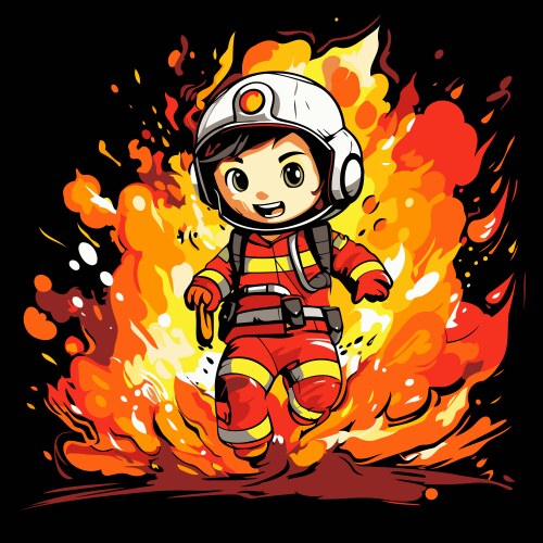 Firefighter boy with helmet on fire flames Vector Image