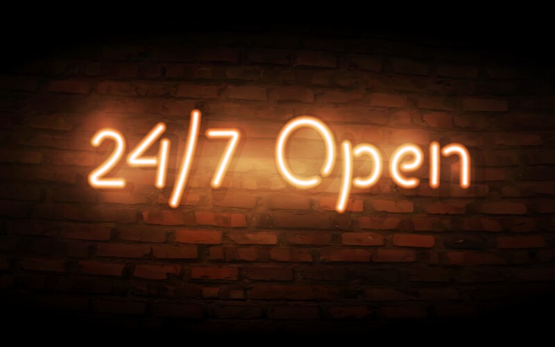 Now open neon sign on brick wall background Vector Image
