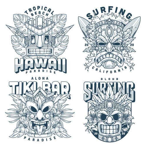 Hawaii mascots set emblems monochrome Royalty Free Vector