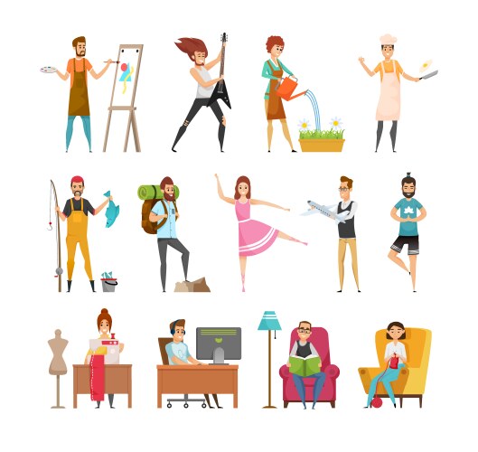 Cartoon kids with different hobbies on a white bac