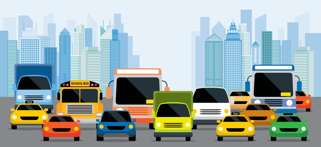 Traffic jam with cars and caravan trailer truck Vector Image