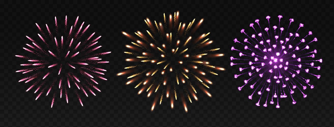 Festive fireworks in night sky realistic set Vector Image