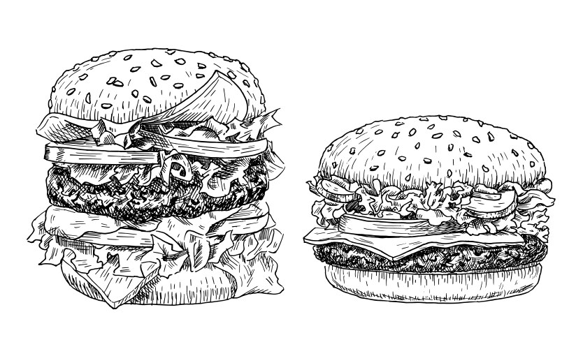 Vintage burger drawing hand drawn Royalty Free Vector Image