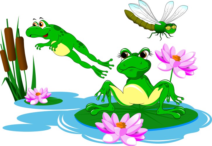 Frog jumping in pond cartoon background Royalty Free Vector
